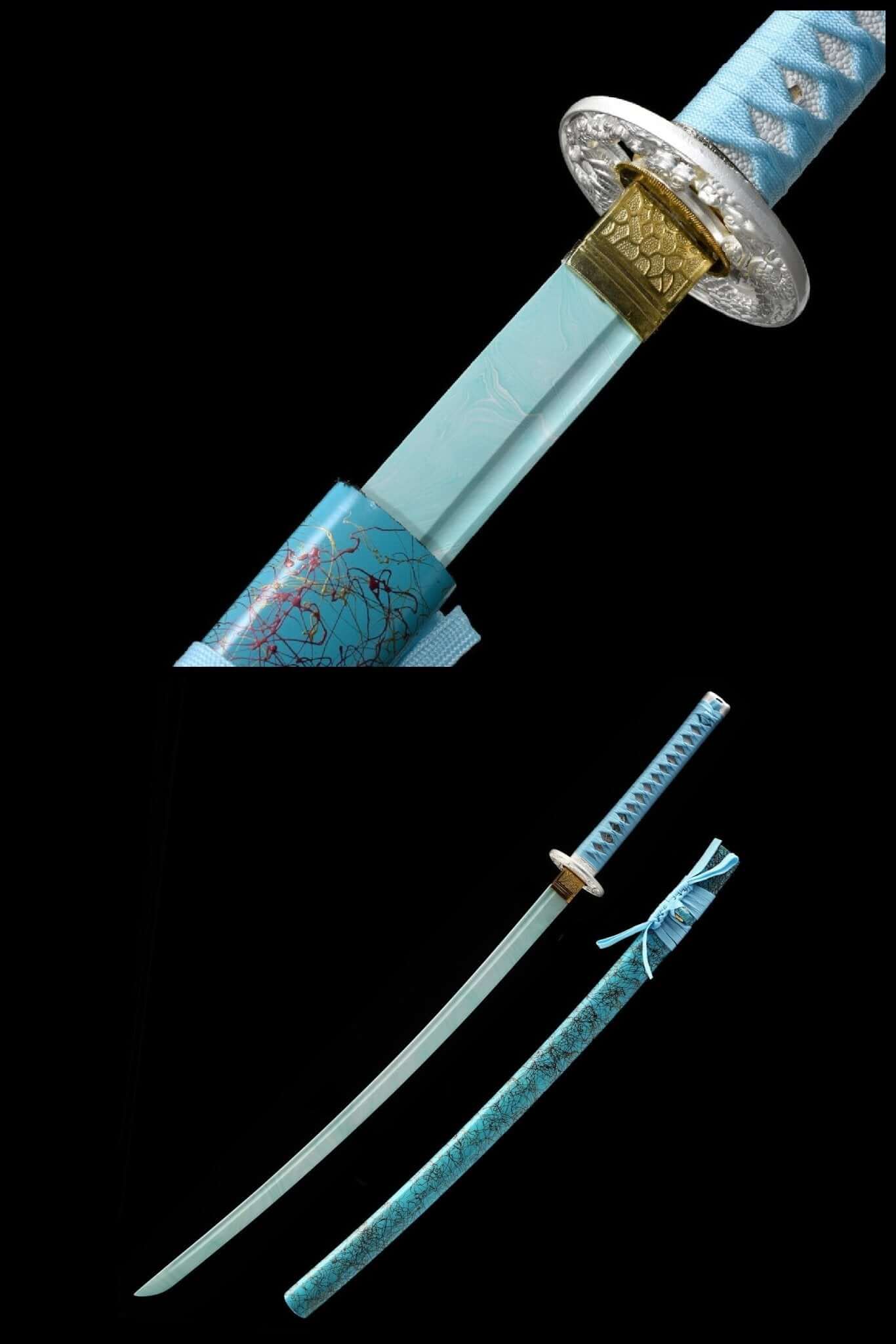 Handmade Japanese Katana Sword 1045 Carbon Steel With Teal Blade And S